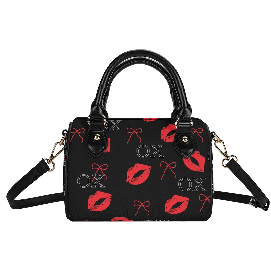 Black Valentine's Day Purse With Red Lips, All Over Print Satchel ...