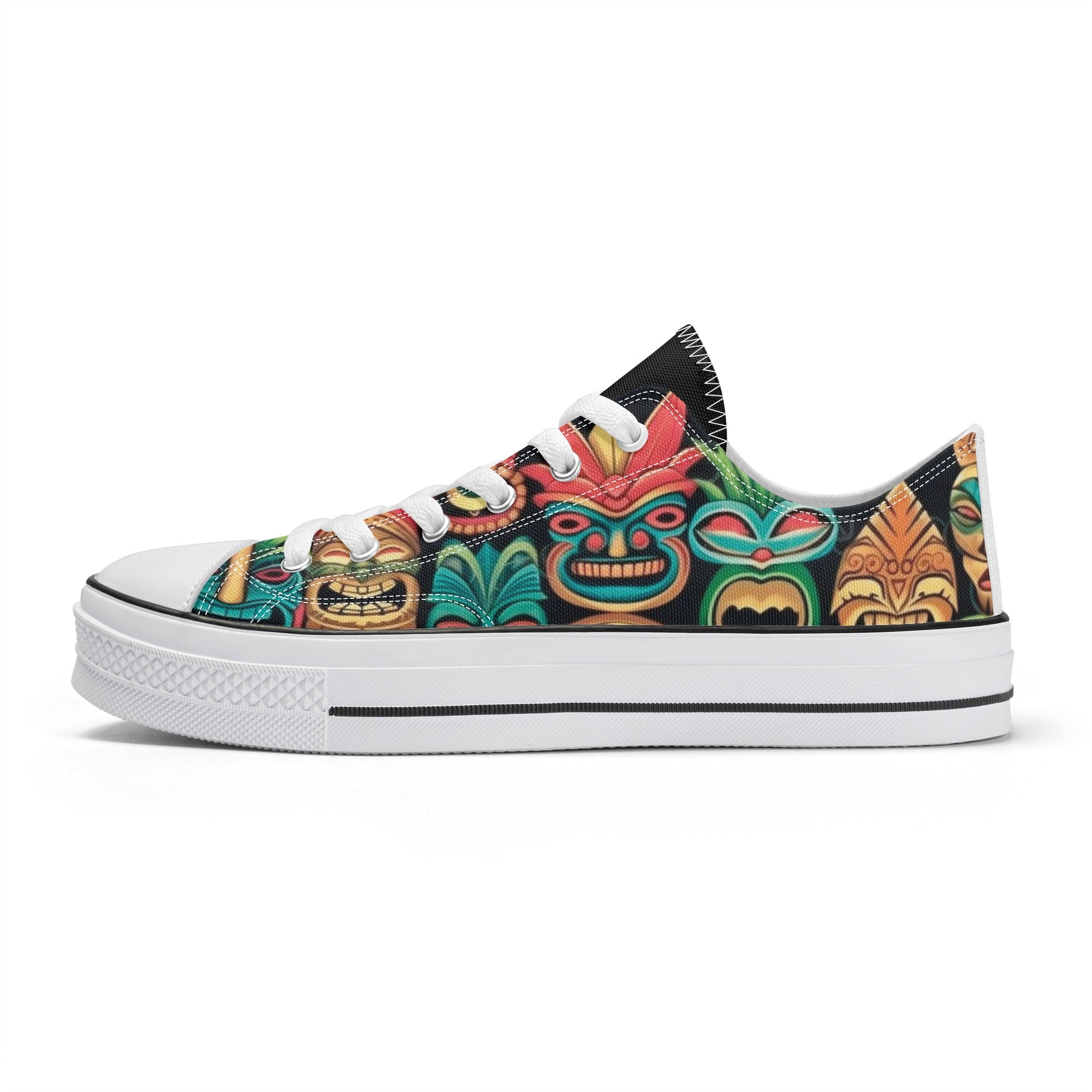 Tiki Print Canvas Sneakers, Tropical Print Low Top Sneakers, Vibrant ...