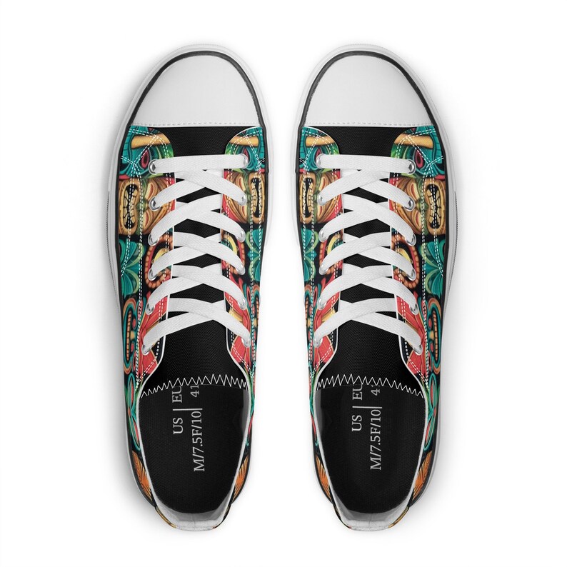 Tiki Print Canvas Sneakers, Tropical Print Low Top Sneakers, Vibrant ...