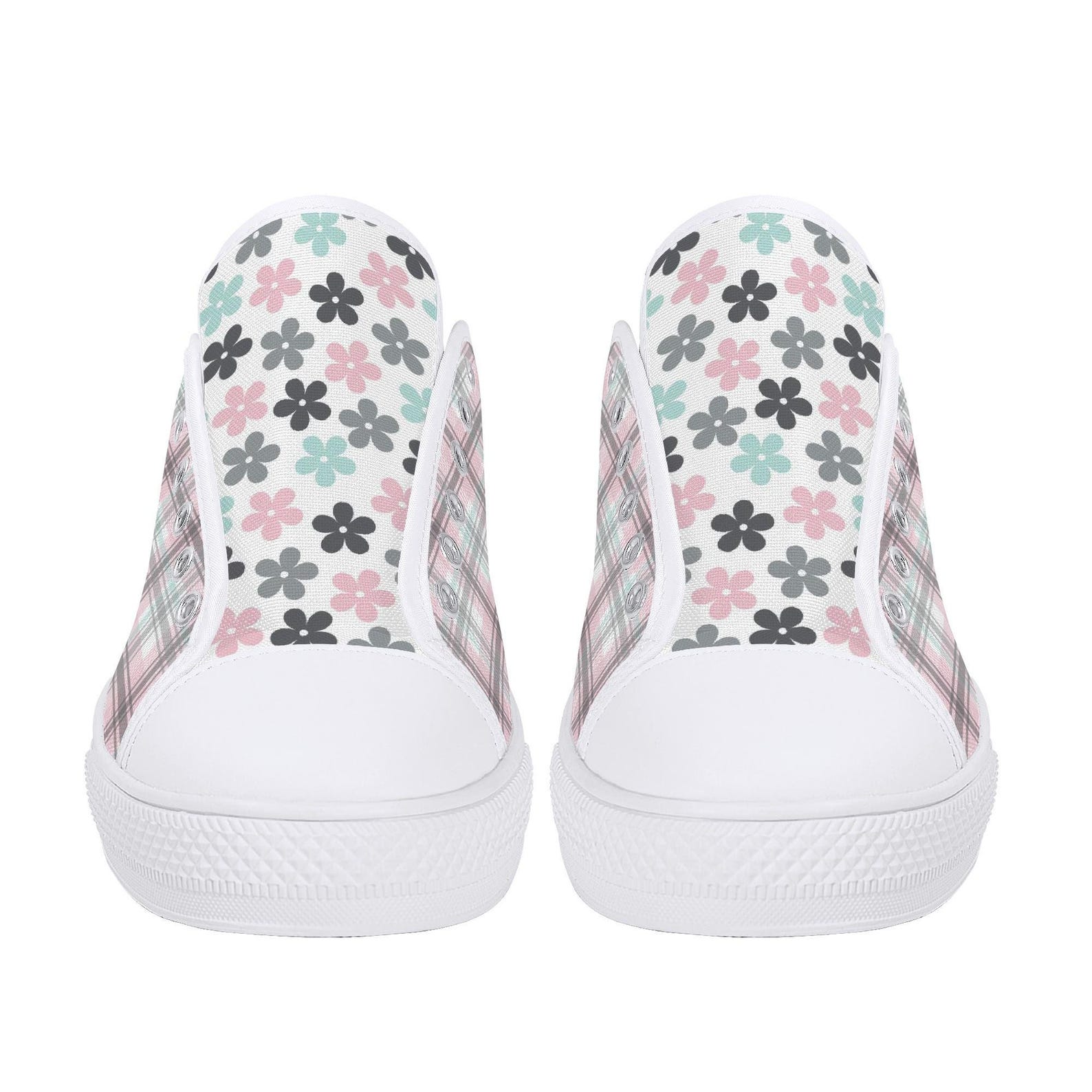Women's Canvas Sneakers With Grey, Pink, and Aqua Plaid Pattern, Floral ...