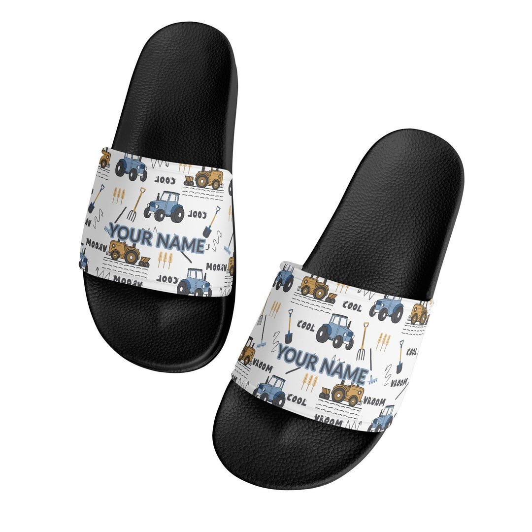 Kid's Personalized Tractor Theme Slides, Boys Beach Sandals, Blue and ...