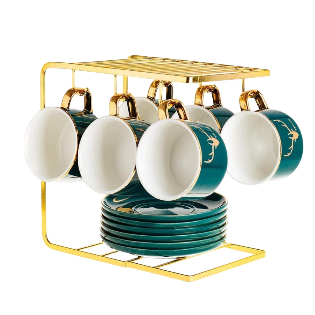 Metal Cup and Saucer Display Stand Gold Comes up With 6 Hooks Hanger ...