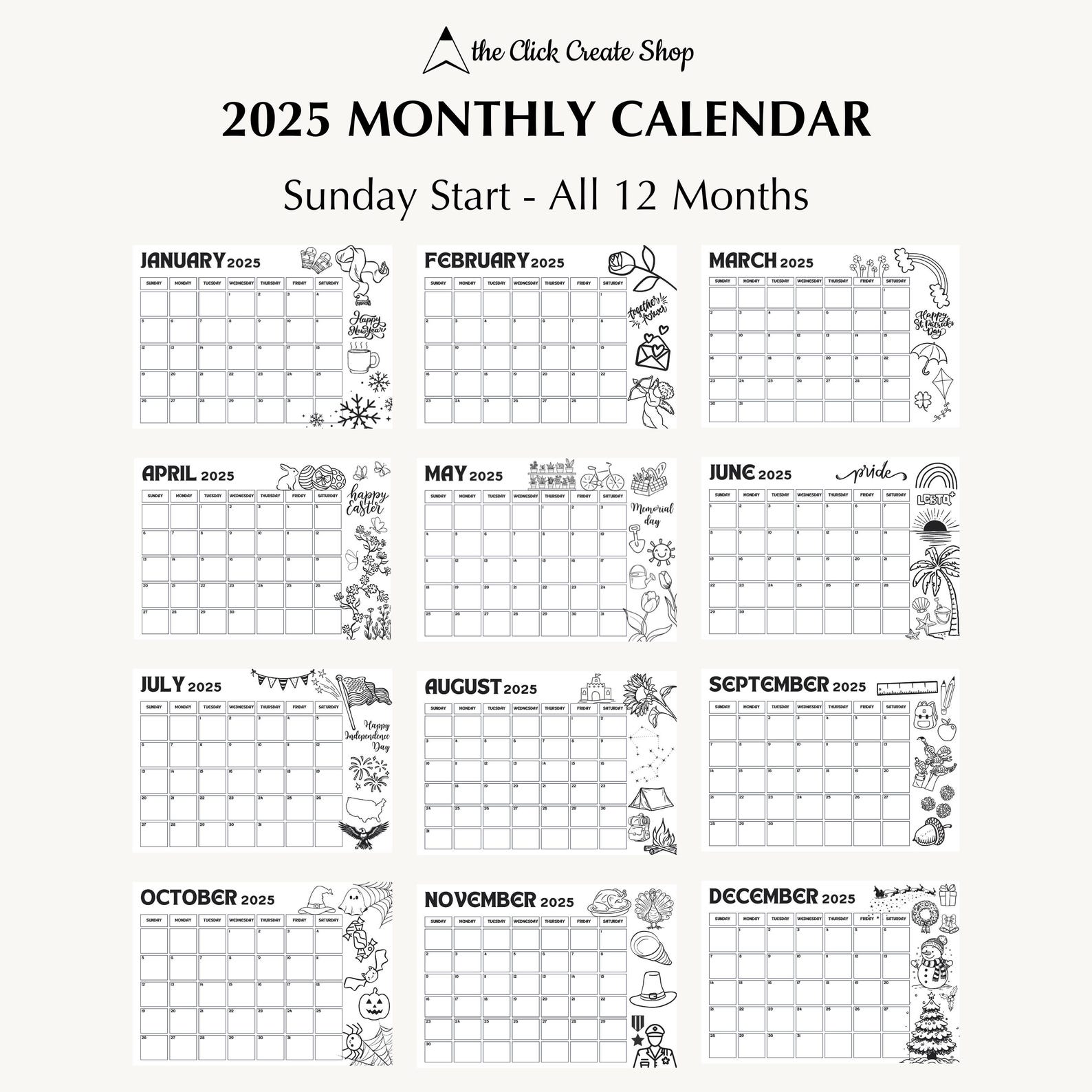 2025 Doodle Monthly Calendar Digital Planner Inserts Printable Wall ...