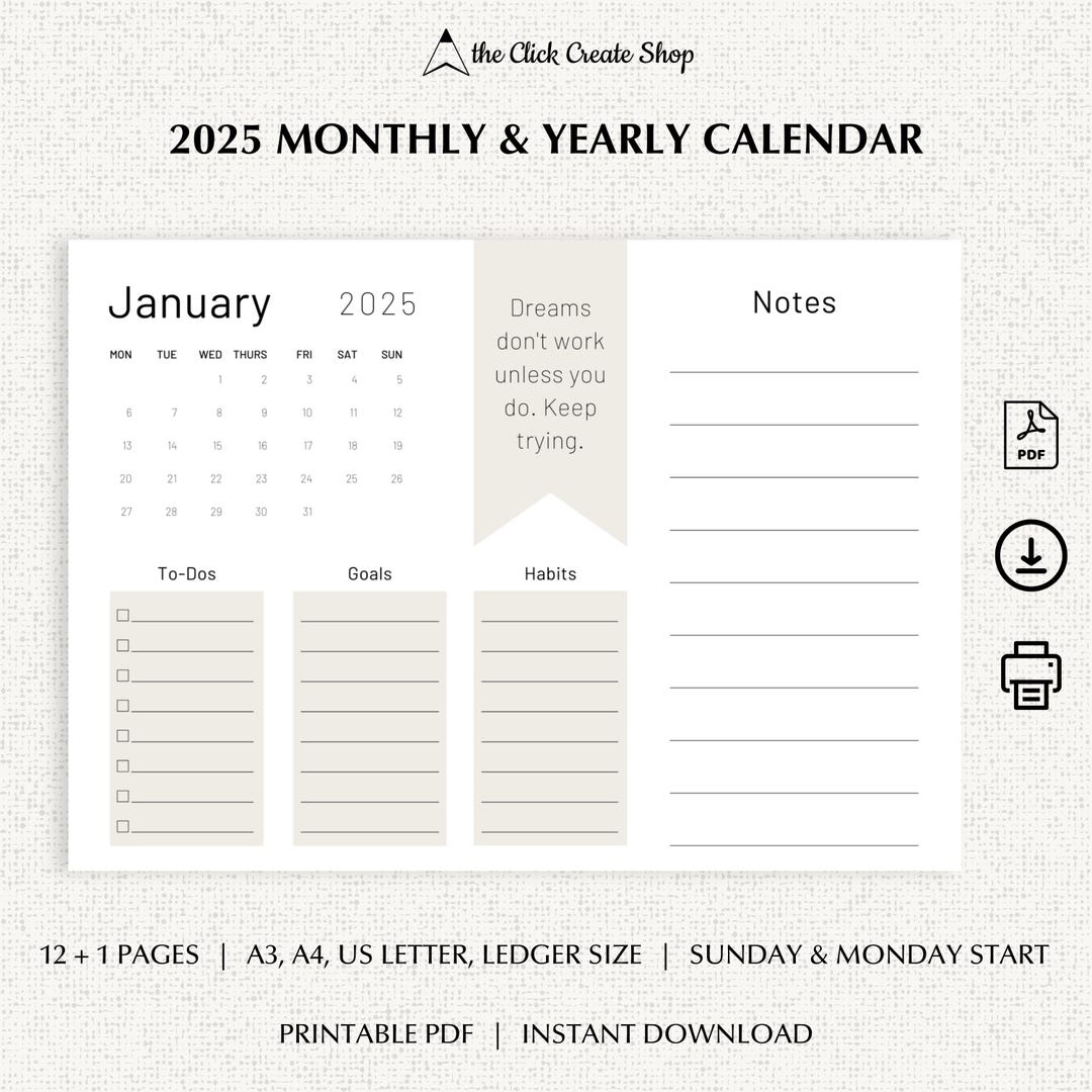 2025 Minimalist Monthly Calendar Digital Planner Inserts Printable Wall ...