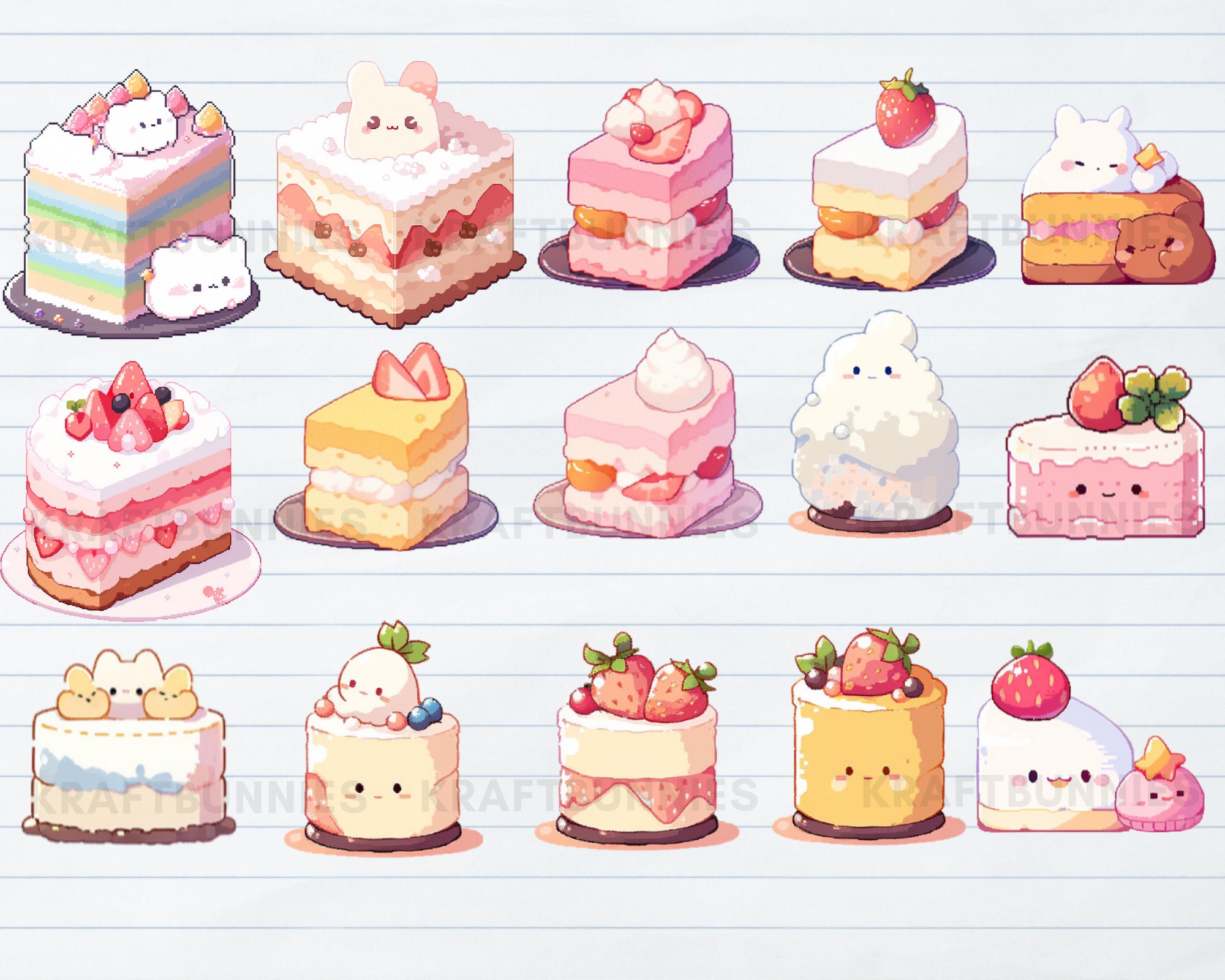 Pixel Art Cute Kawaii Cakes Dessert Pastry Clipart Pastel Watercolor ...