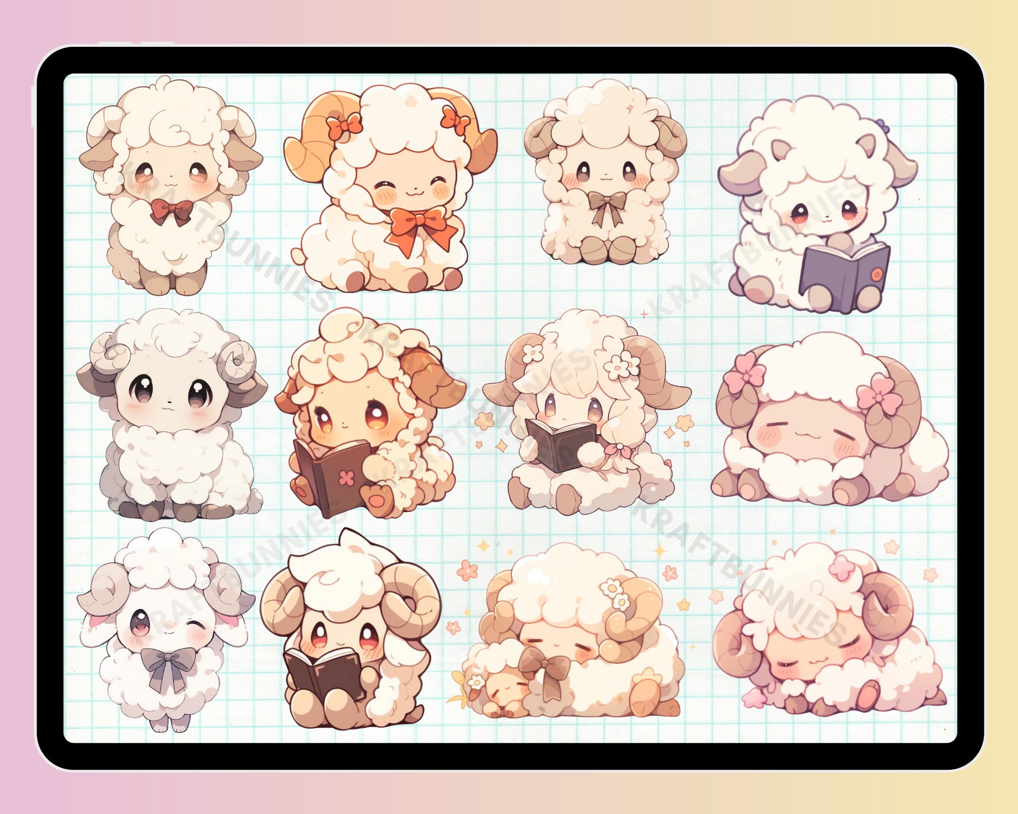 Cute Kawaii Baby Sheep Lamb Clipart Sleepy Dreamy Watercolor Pastel PNG ...