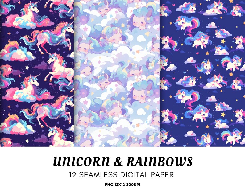 Kawaii Unicorn Rainbow Seamless Pattern, 12x12 Digital Paper (digital ...