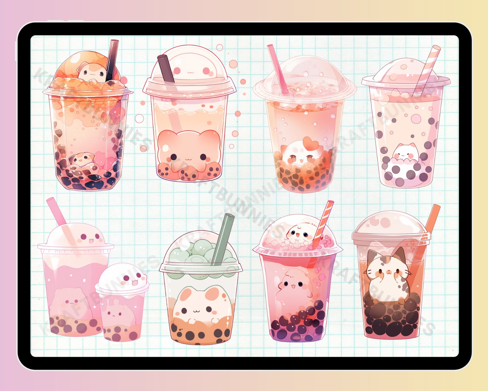 Cute Kawaii Boba Bubble Tea Clipart Watercolor Pastel PNG - Etsy