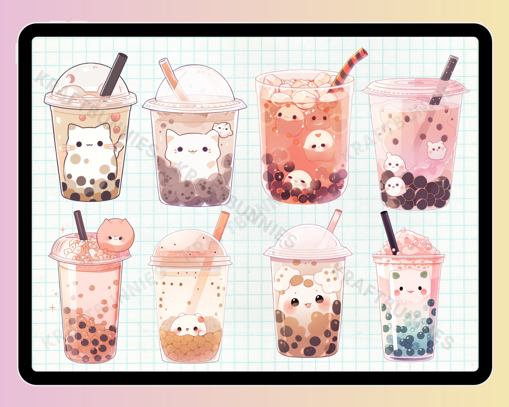 Cute Kawaii Boba Bubble Tea Clipart Watercolor Pastel PNG - Etsy
