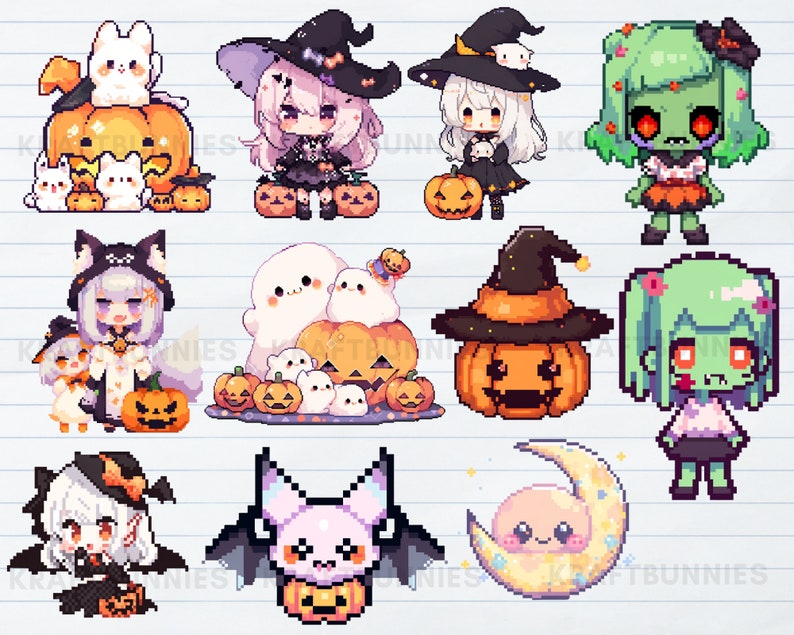 Kawaii Pixel Art Halloween Clipart, Witchy Spooky PNG Stickers (digital ...
