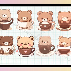 Cute Kawaii Coffee Teddy Bear Clipart Watercolor Pastel PNG Digital ...