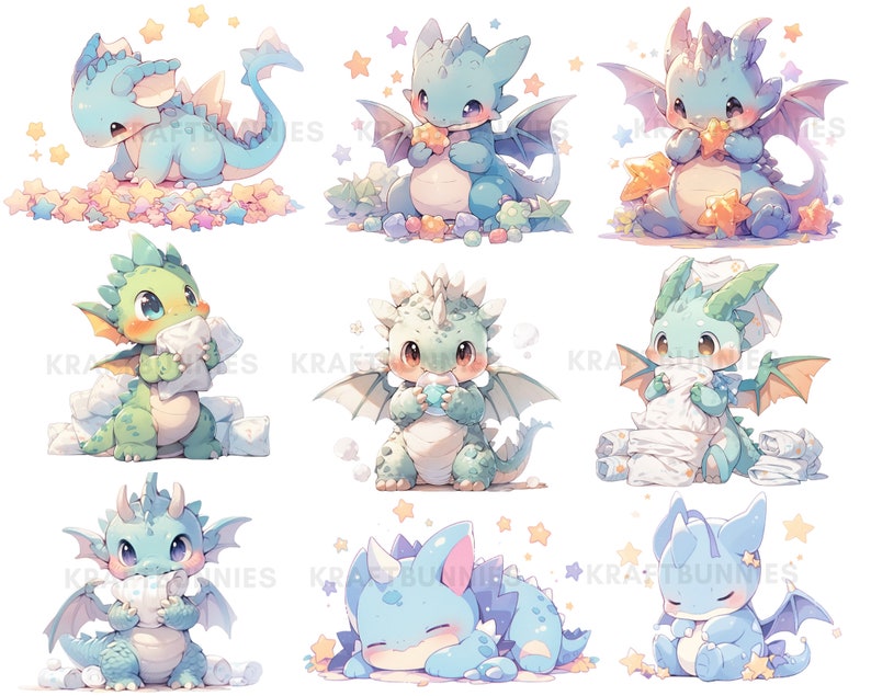 Kawaii Baby Dragon Clipart, Pastel Watercolor PNG Stickers (digital ...