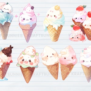 Cute Kawaii Summer Dessert Ice Cream Cone Clipart Pastel Watercolor PNG ...