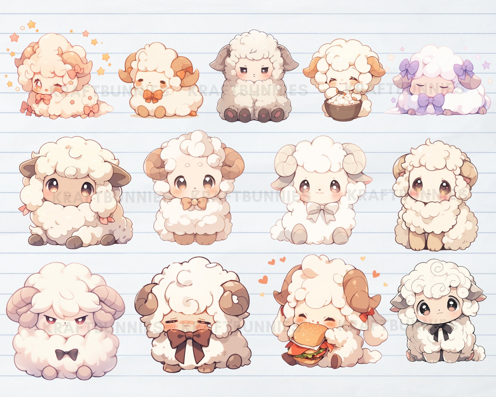 Cute Kawaii Baby Sheep Lamb Clipart Sleepy Dreamy Watercolor Pastel PNG ...
