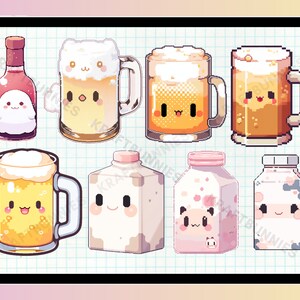 Kawaii Drinks Pixel Art Clipart, Pastel Watercolor Stickers (PNG ...