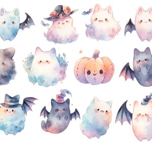 Cute Kawaii Spooky Watercolor Halloween Clipart Bats Ghost PNG Digital ...