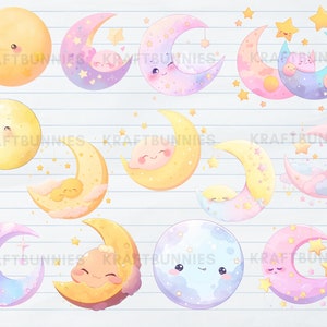 Cute Kawaii Crescent Moon Phase Dreamy Sleepy Clipart Watercolor Pastel ...