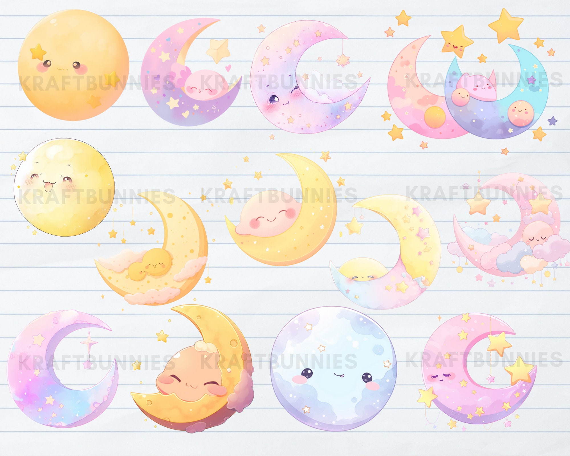 Cute Kawaii Crescent Moon Phase Dreamy Sleepy Clipart Watercolor Pastel ...