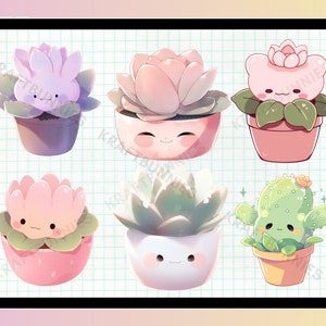 Cute Kawaii Cactus & Succulents Plants in Pots Planters Foliage ...