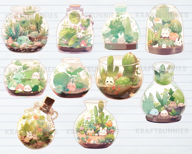 Kawaii Terrarium Clipart, Pastel Botanical Stickers (PNG Digital ...