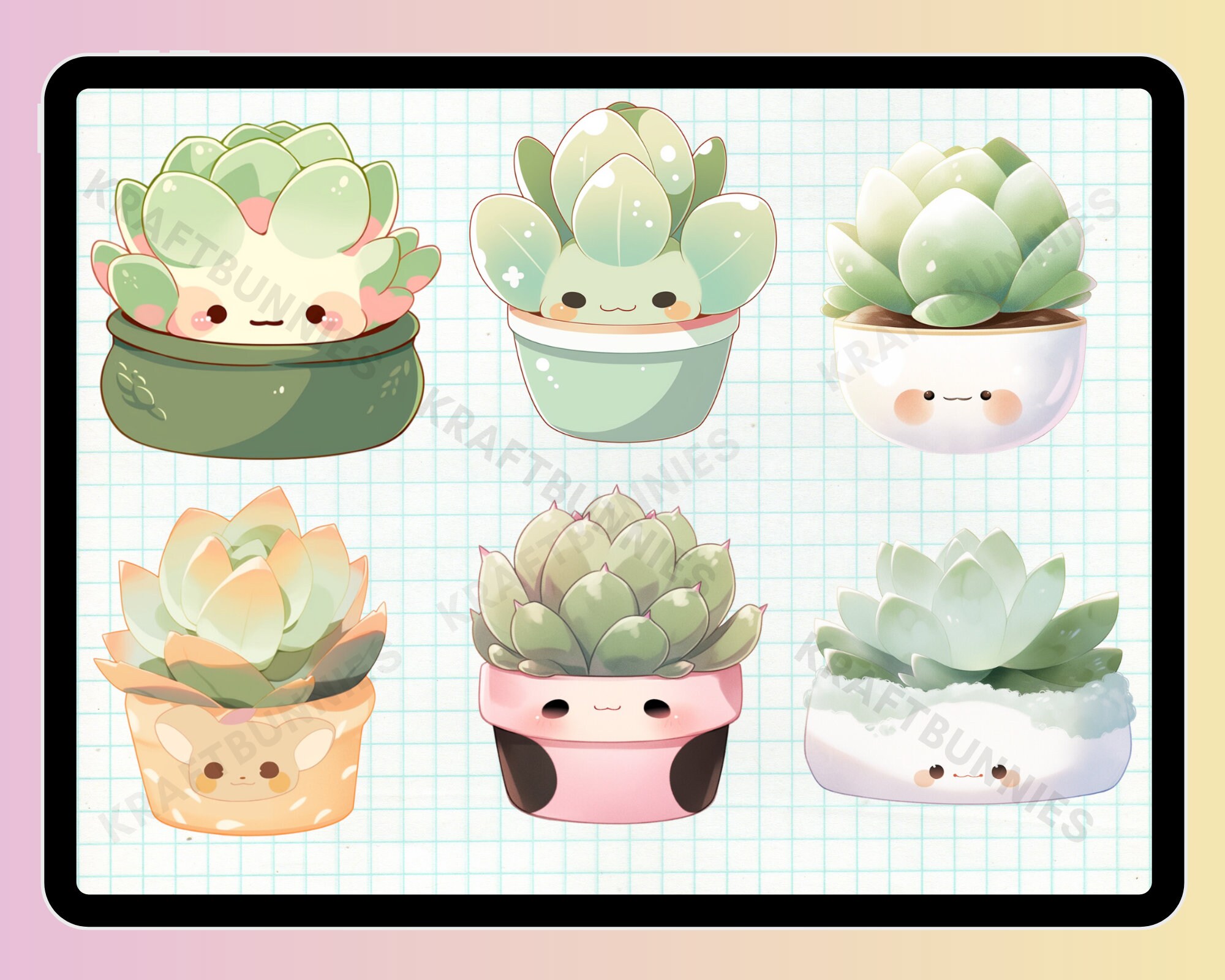 Cute Kawaii Cactus & Succulents Plants in Pots Planters Foliage ...