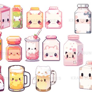 Kawaii Drinks Pixel Art Clipart, Pastel Watercolor Stickers (PNG ...