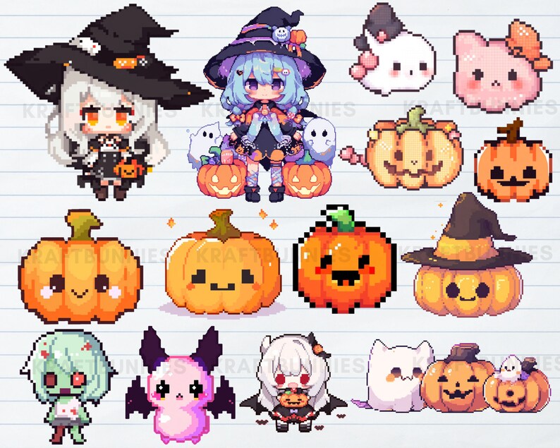 Kawaii Pixel Art Halloween Clipart, Witchy Spooky PNG Stickers (digital ...