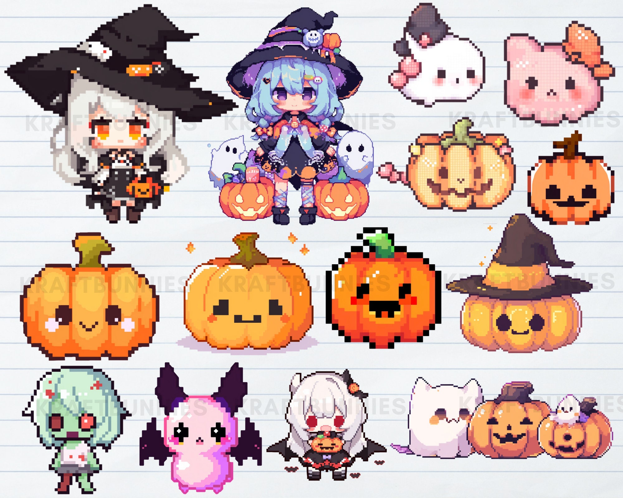 Pixel Art Cute Kawaii Halloween Witchy Spooky Clipart Pastel Watercolor ...