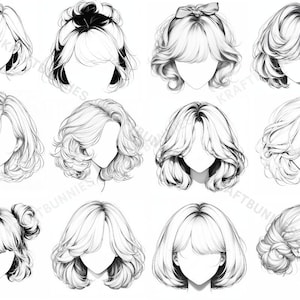 Procreate & Photoshop Girl Hairstyle Line Art Stamp Bundle Pack Long ...
