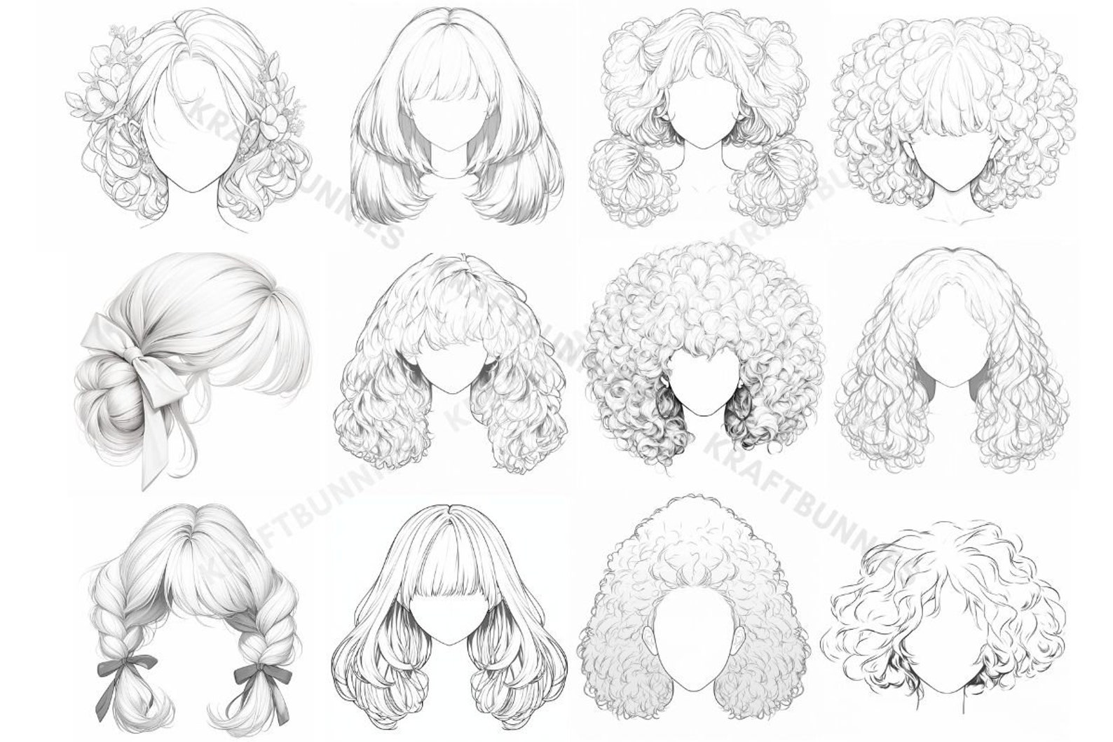 Procreate & Photoshop Girl Hairstyle Line Art Stamp Bundle Pack Long ...