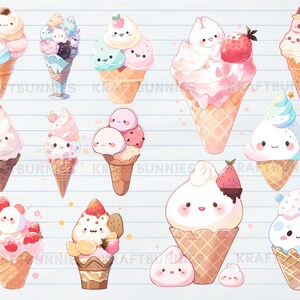 Cute Kawaii Summer Dessert Ice Cream Cone Clipart Pastel Watercolor PNG ...