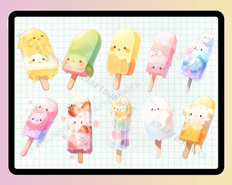 Cute Kawaii Summer Fruit Popsicle Clipart Watercolor Pastel PNG Digital ...