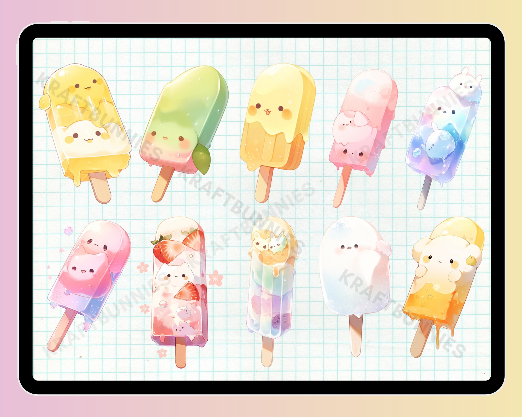 Cute Kawaii Summer Fruit Popsicle Clipart Watercolor Pastel PNG Digital ...