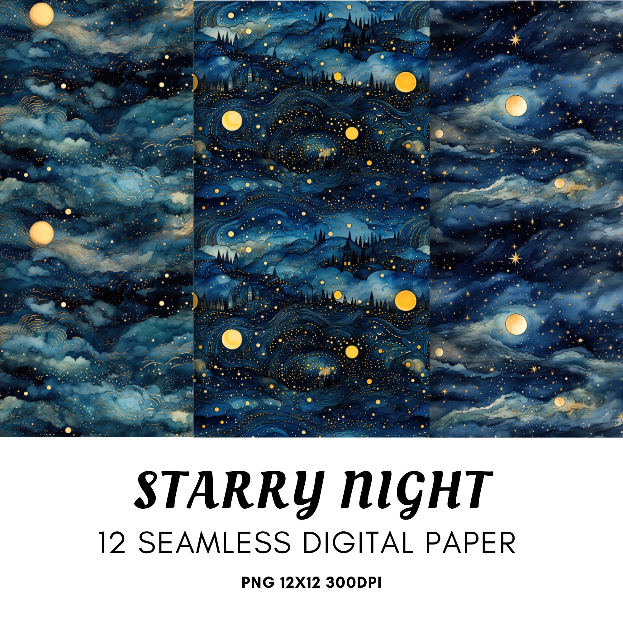 Starry Night Digital Paper, Watercolor Sky Seamless Pattern (PNG 12x12 ...