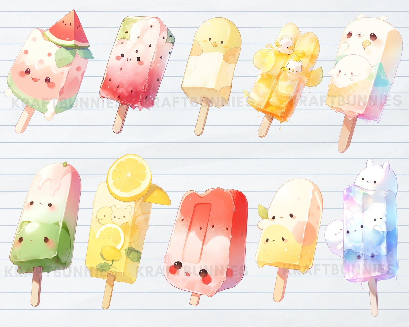 Cute Kawaii Summer Fruit Popsicle Clipart Watercolor Pastel PNG Digital ...