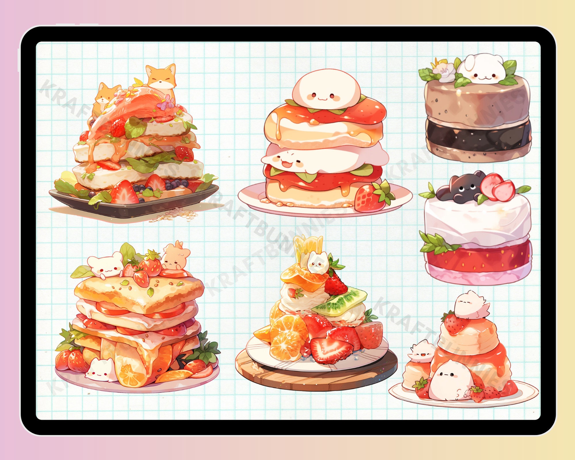 Cute Kawaii Yummy Food Cuisine Clipart Watercolor Pastel PNG Digital ...