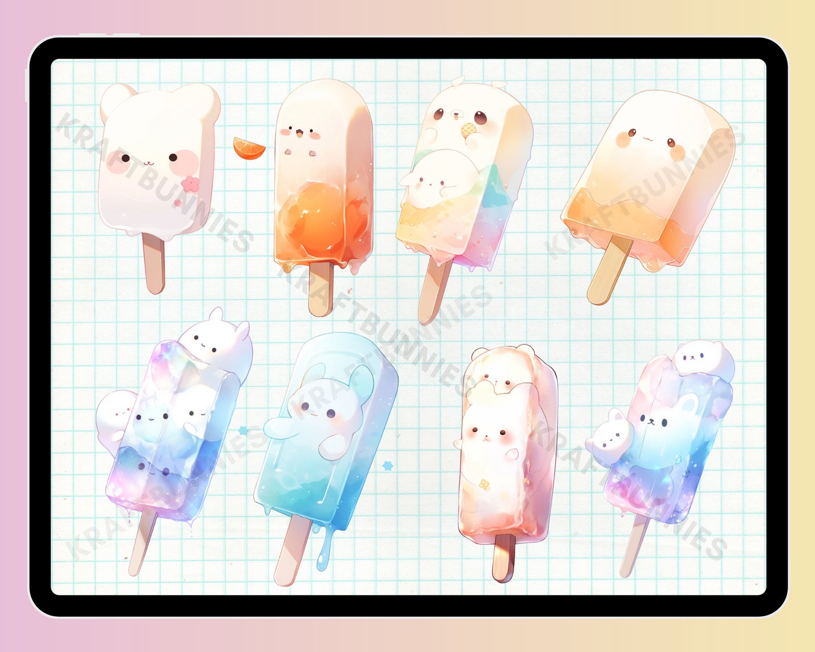 Cute Kawaii Summer Fruit Popsicle Clipart Watercolor Pastel PNG Digital ...