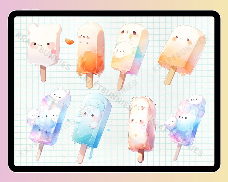 Cute Kawaii Summer Fruit Popsicle Clipart Watercolor Pastel PNG Digital ...