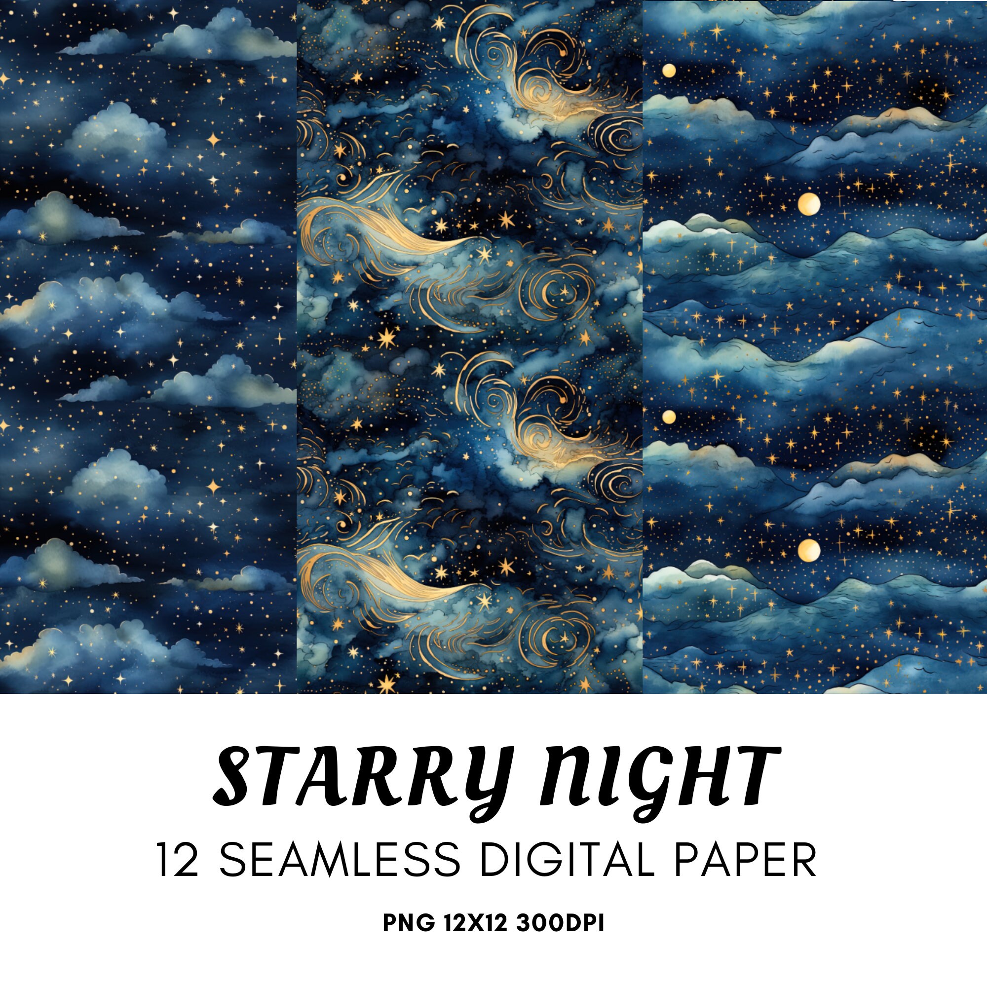 Watercolor Blue Navy Starry Night Sky Seamless Digital Repeat Pattern ...