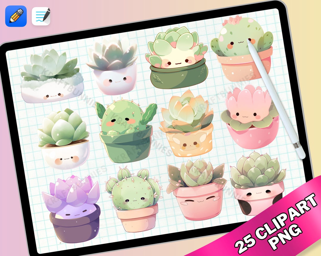 Cute Kawaii Cactus & Succulents Plants in Pots Planters Foliage ...