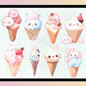 Cute Kawaii Summer Dessert Ice Cream Cone Clipart Pastel Watercolor PNG ...