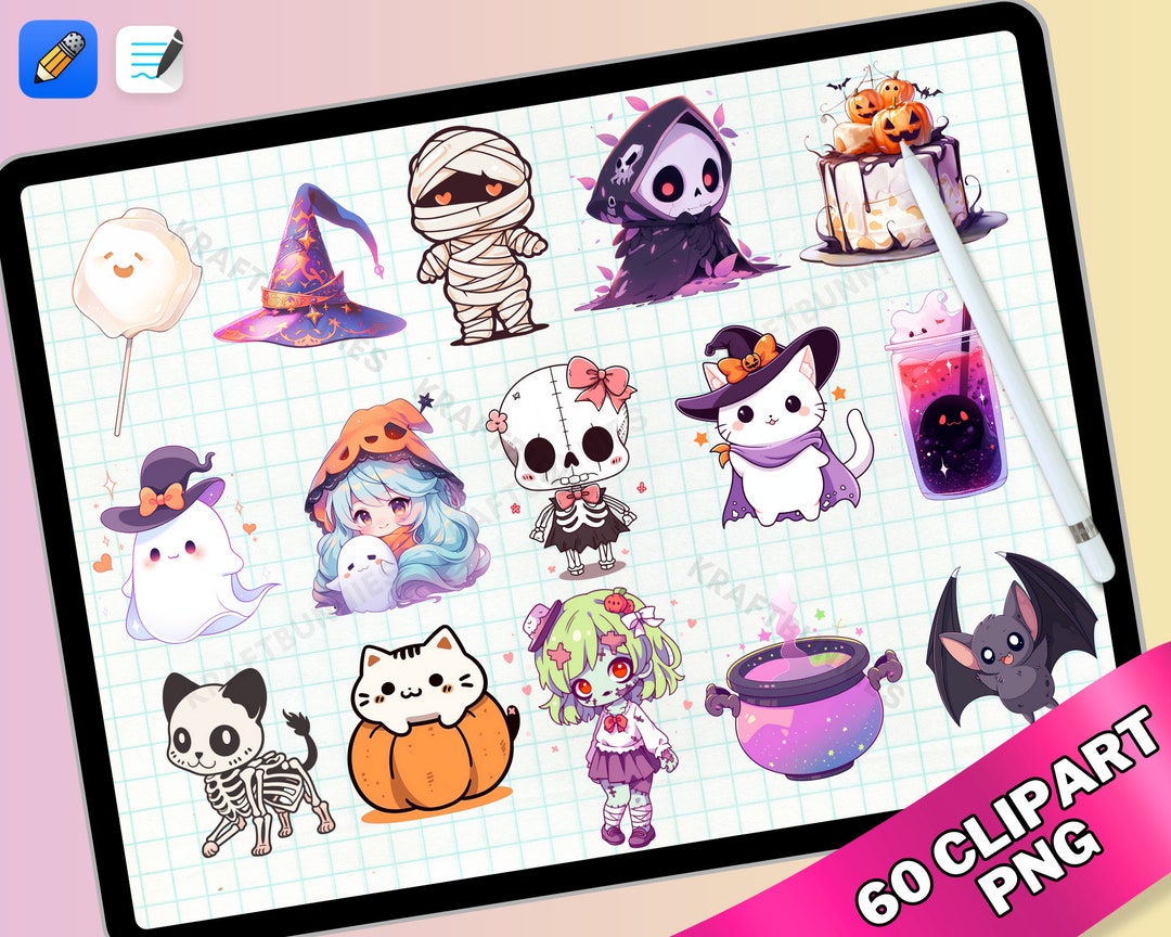 Cute Kawaii Creepy Spooky Halloween Clipart Zombie Bats Witch Girl PNG ...