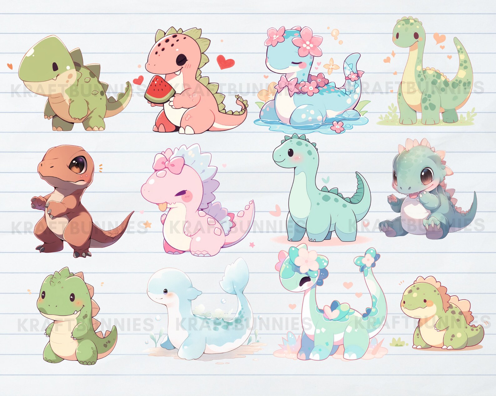 Cute Kawaii Pastel Baby Dinosaur Clipart Pastel Watercolor PNG - Etsy