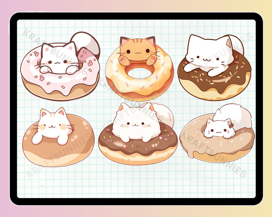 Cute Kawaii Doughnut Cat Kitten Clipart Pastel PNG Digital - Etsy