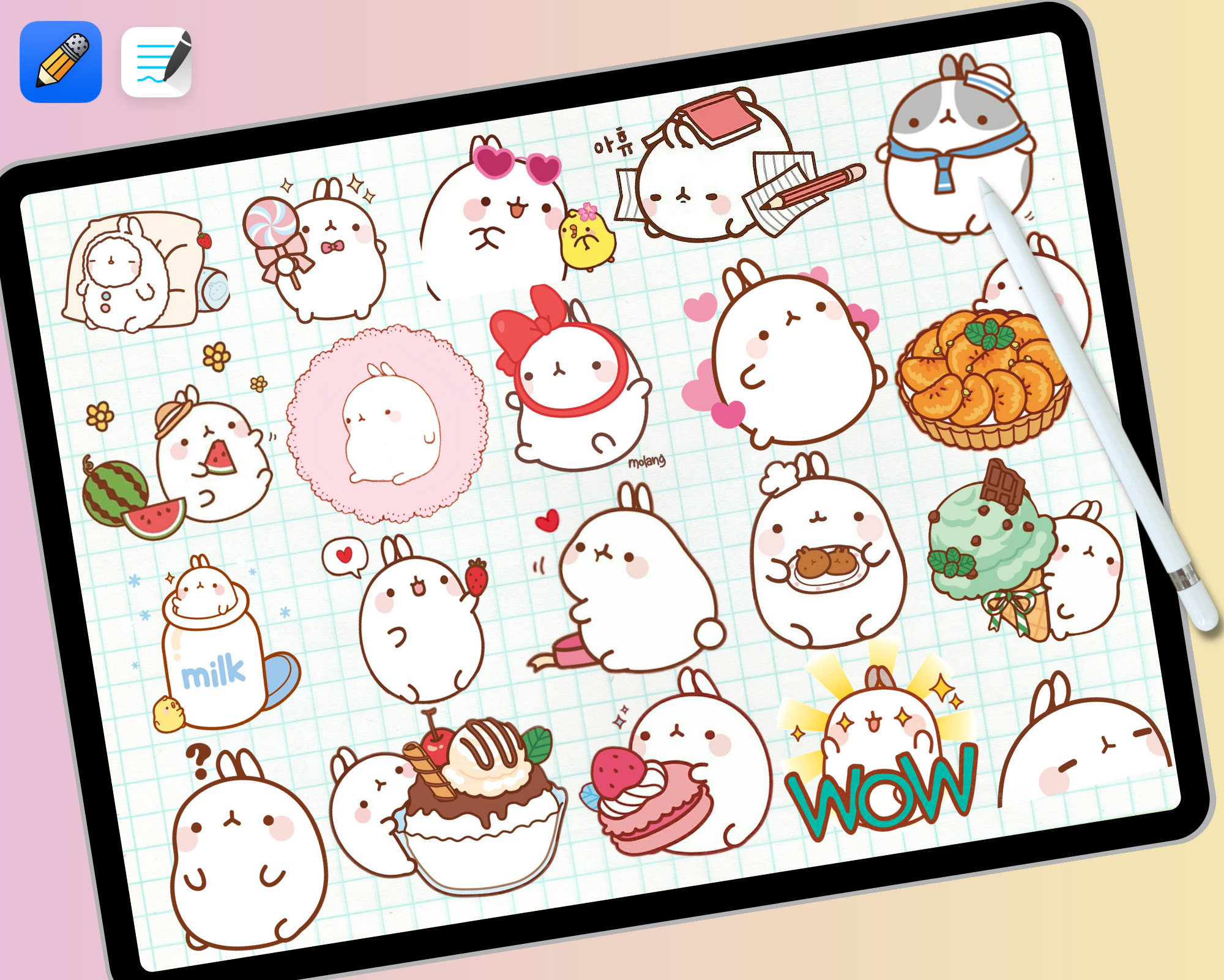 Cute Kawaii Molang Rabbit & Piu Piu Anime Digital Planner Sticker ...