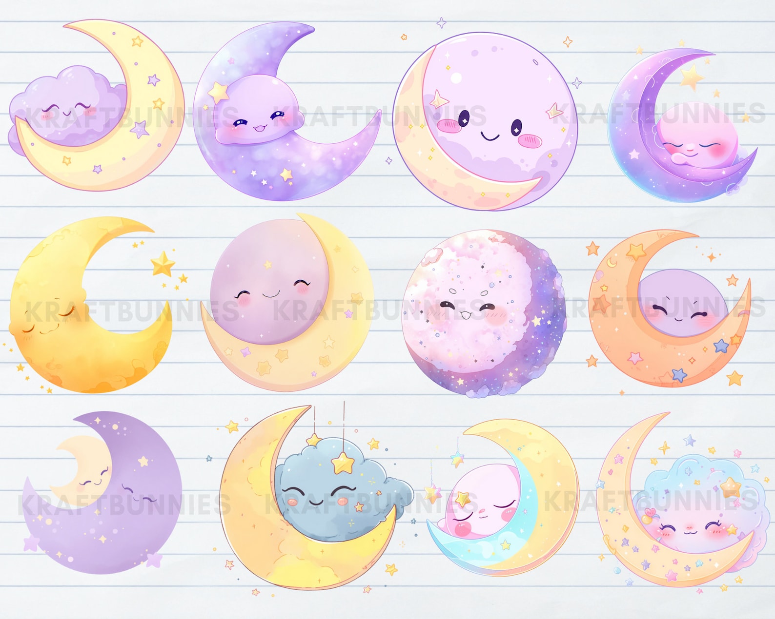 Cute Kawaii Crescent Moon Phase Dreamy Sleepy Clipart - Etsy