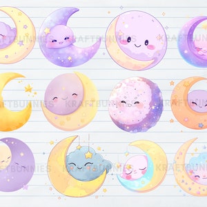Cute Kawaii Crescent Moon Phase Dreamy Sleepy Clipart Watercolor Pastel ...