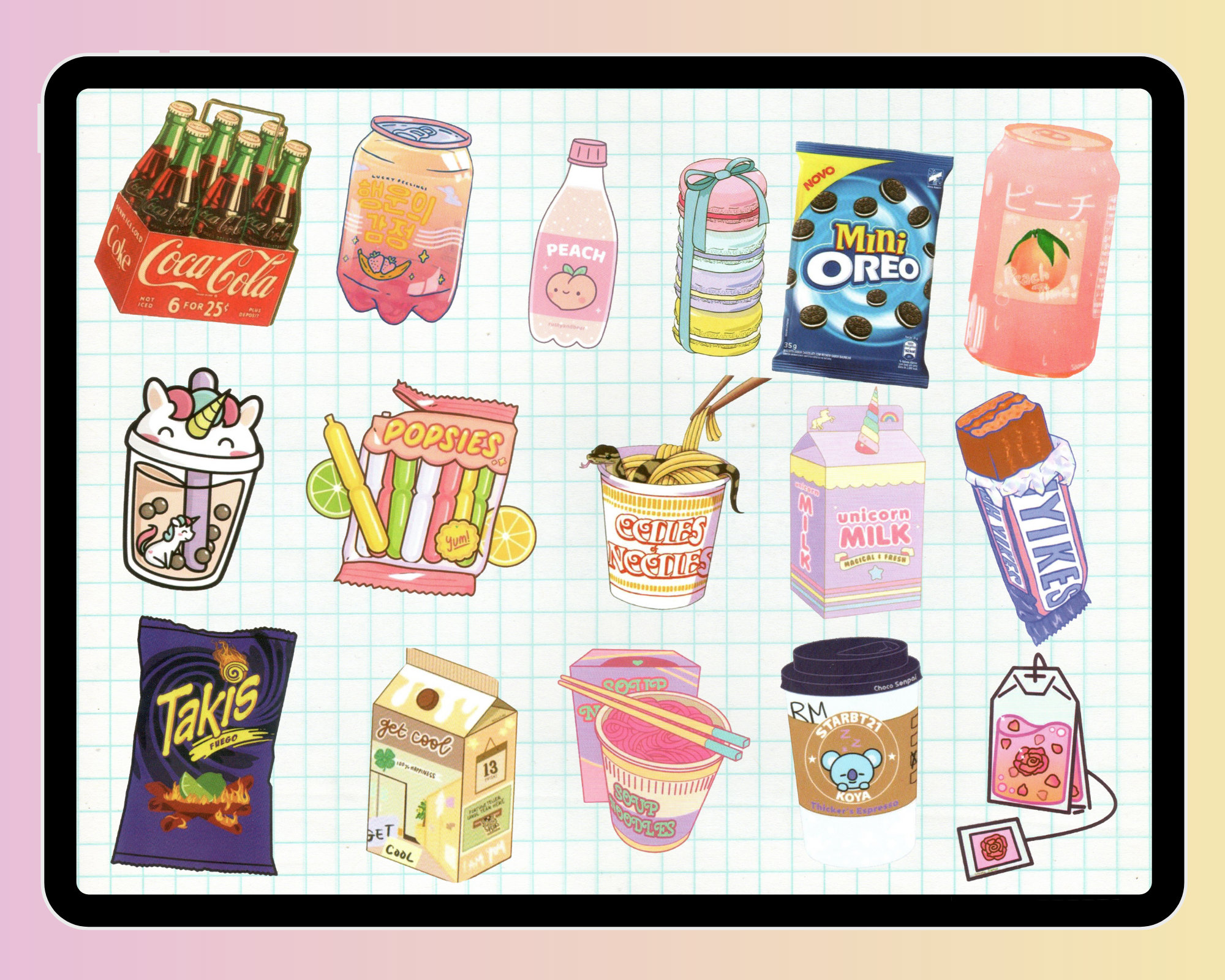 Cute Kawaii Doodle Yummy Food Snacks Digital Planner Sticker Bundle for ...