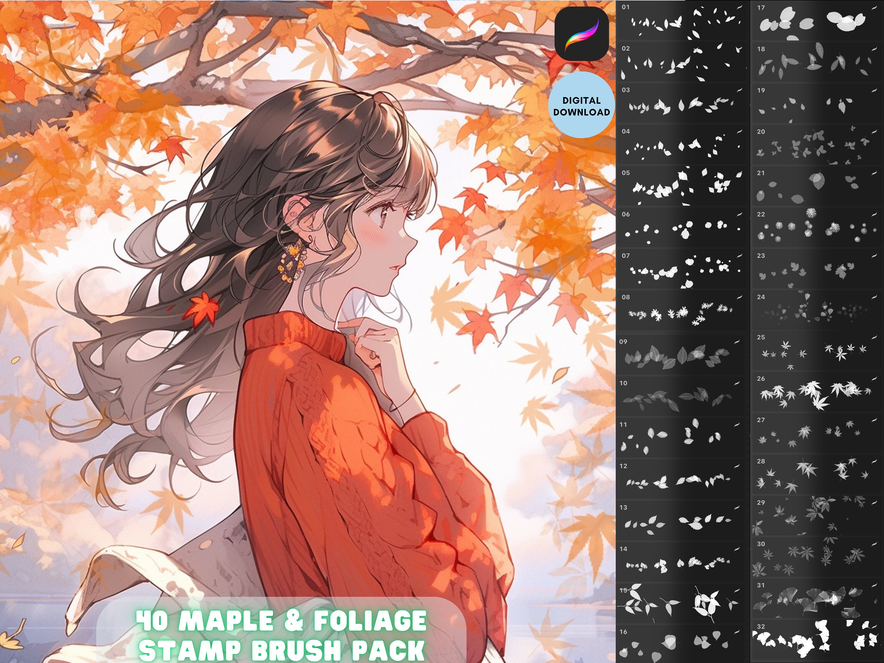 Procreate Maple & Foliage Stamp Drawing Brush Set Preset for ...