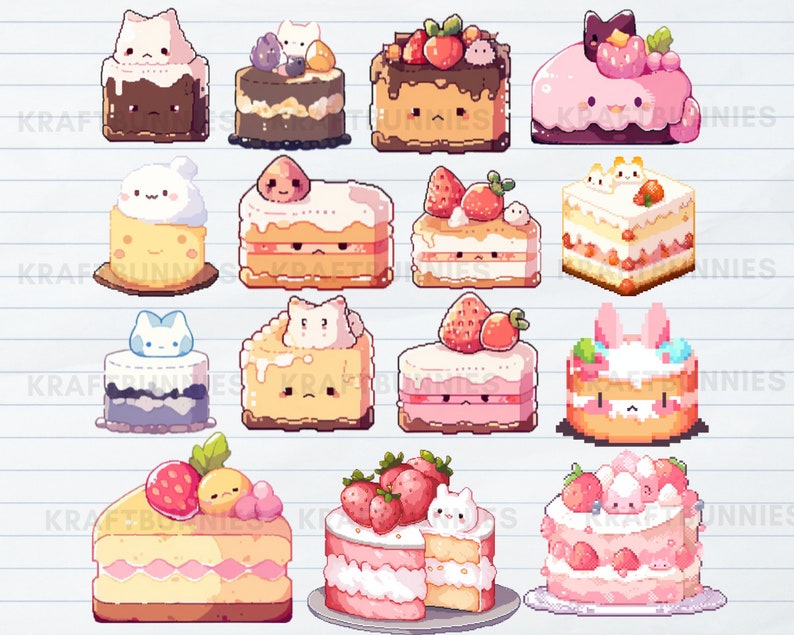 Pixel Art Cute Kawaii Cakes Dessert Pastry Clipart Pastel Watercolor ...